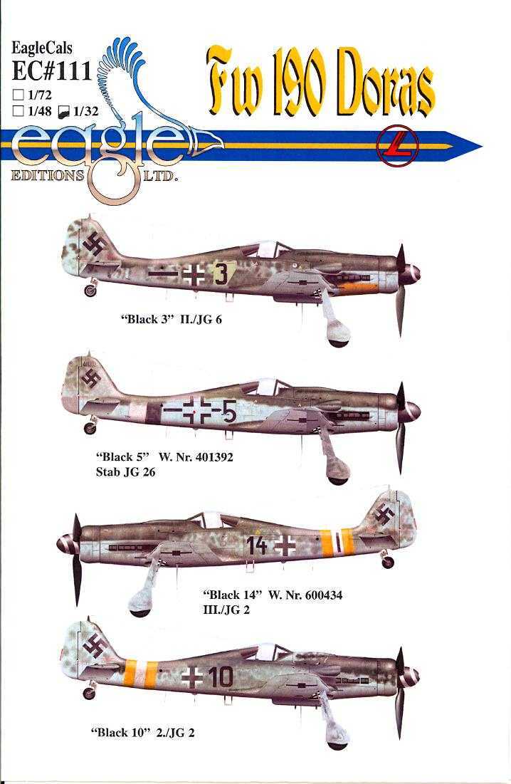 EagleCals Decals 1/32 FOCKE WULF Fw-190D DORA Fighter JG6 Stab JG 26 ...