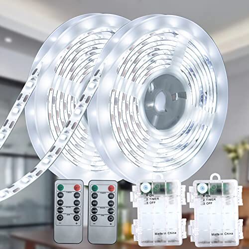 JUNWEN Battery Led Strip Lights With Remote Control 2*2M White Led ...
