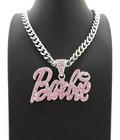 Women Gold Plated Pink Barbie Iced Cubic Zirconia Charm & Cuban Chain ...