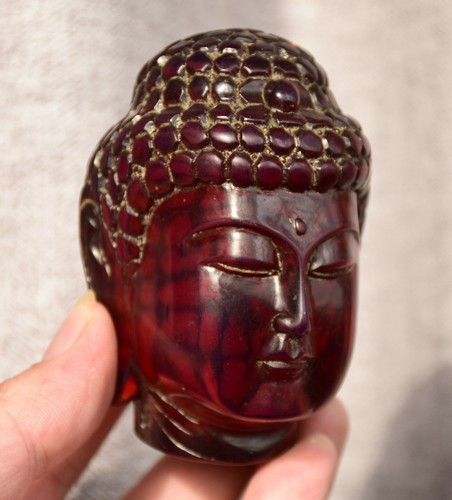 9CM Rare Chinese Red Amber Carving Sakyamuni Buddha Head Luck Sculpture ...