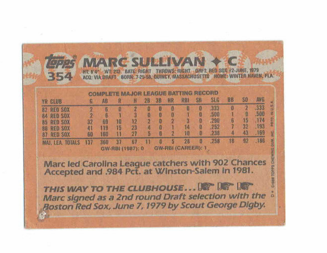 Marc Sullivan Boston Red Sox Catcher #354 Topps 1988 #Baseball Card | eBay