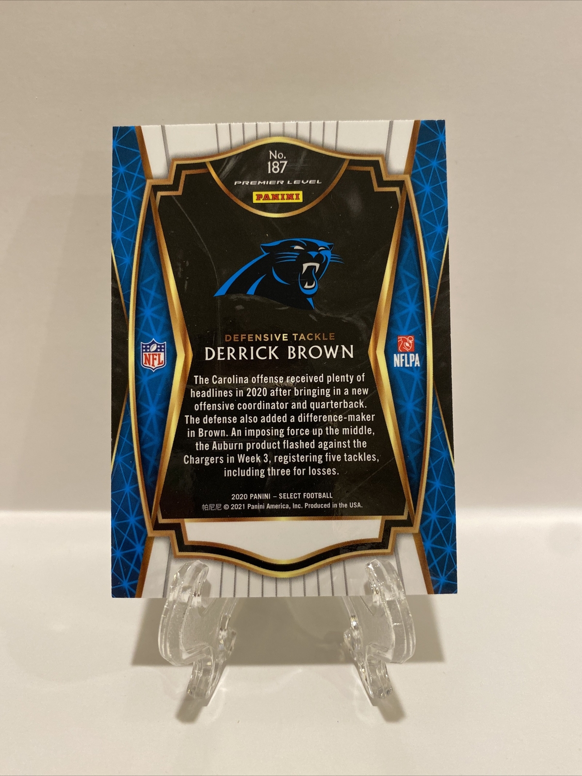 2020 Panini Select Derrick Brown Rookie Premier Level #187 RC Carolina ...