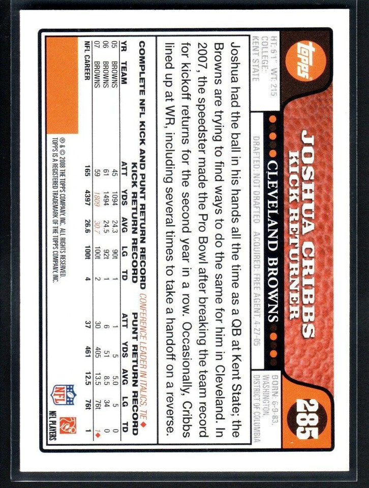 2008 TOPPS #285 JOSH CRIBBS CLEVELAND BROWNS | eBay