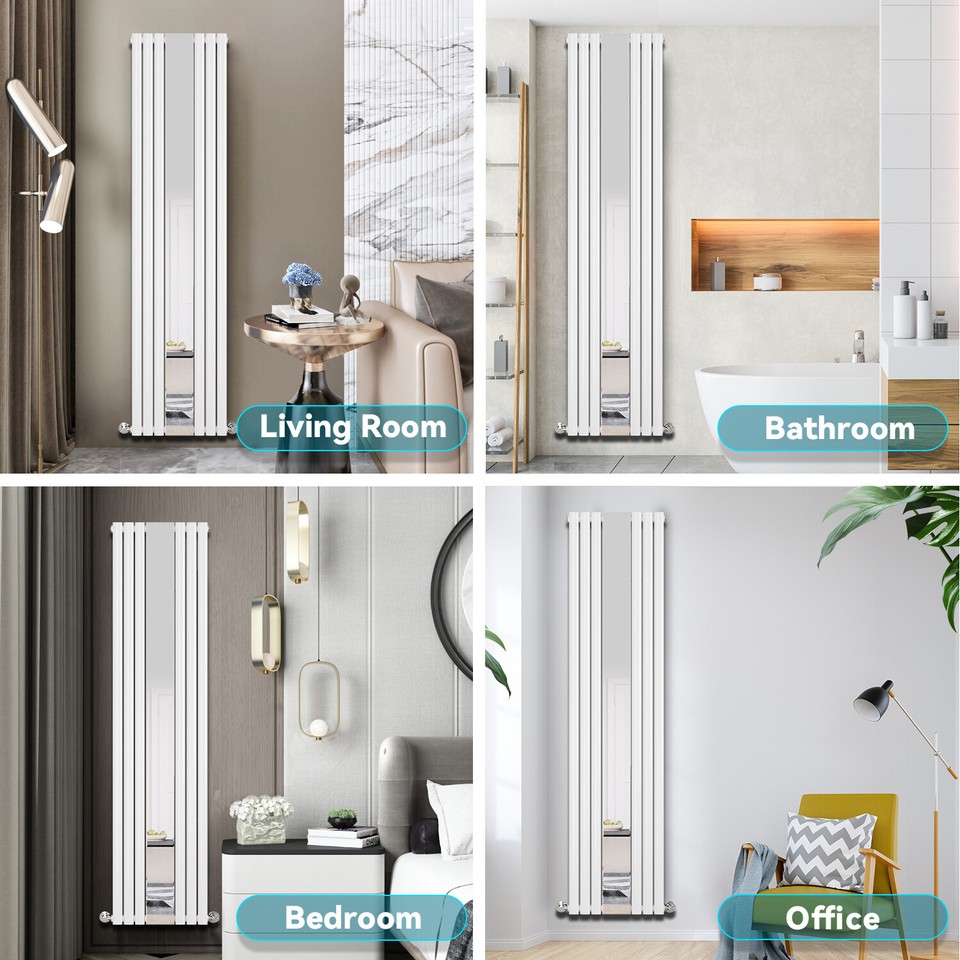 Vertical Designer Mirror Radiator 1800 x 500mm White Oval Column Single ...
