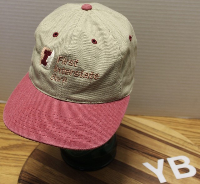 FIRST INTERSTATE BANK HAT BEIGE W/ FADED RED BILL ADJUSTABLE VGC YB | eBay