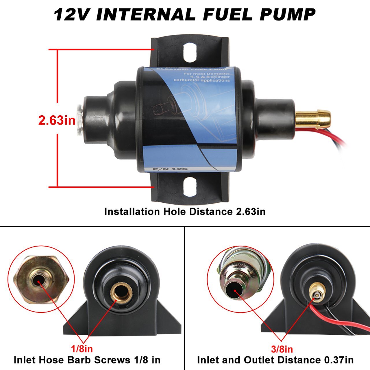 Universal 12V Micro Electric Gasoline Fuel Pump 5/16in Inlet Outlet 4 ...