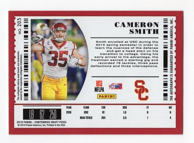 2019 Contenders Draft Picks Playoff Ticket #203 Cameron Smith Rookie ...