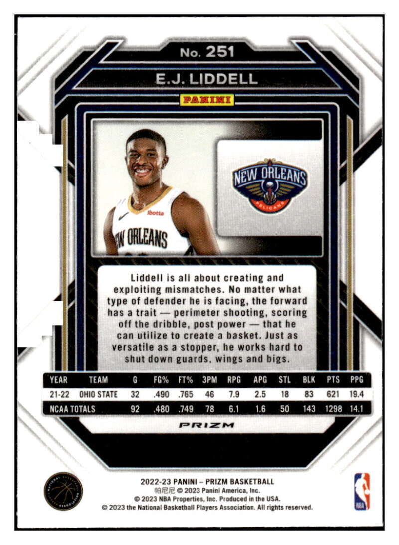 E.J. LIDDELL RC 2022-23 Panini Prizm Ice #251 ROOKIE NBA Pelicans ID ...