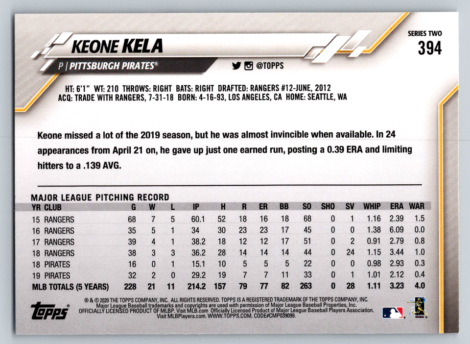 2020 Topps #394 Keone Kela Pittsburgh Pirates Baseball Card | eBay