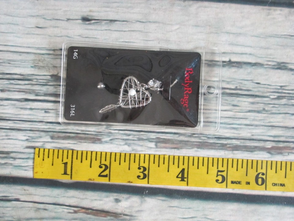 Body Rage heart dream catcher Cubic zirconia Dangling Feather 14g Belly ...