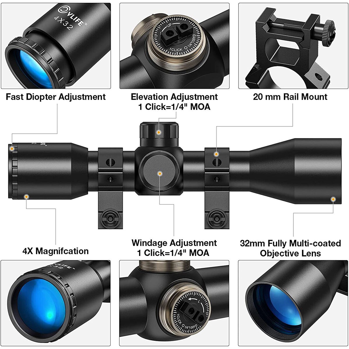 Compact 4X32 Compact Scope Rascal .22 / AR / Crossbow Airsoft Gun Scope ...