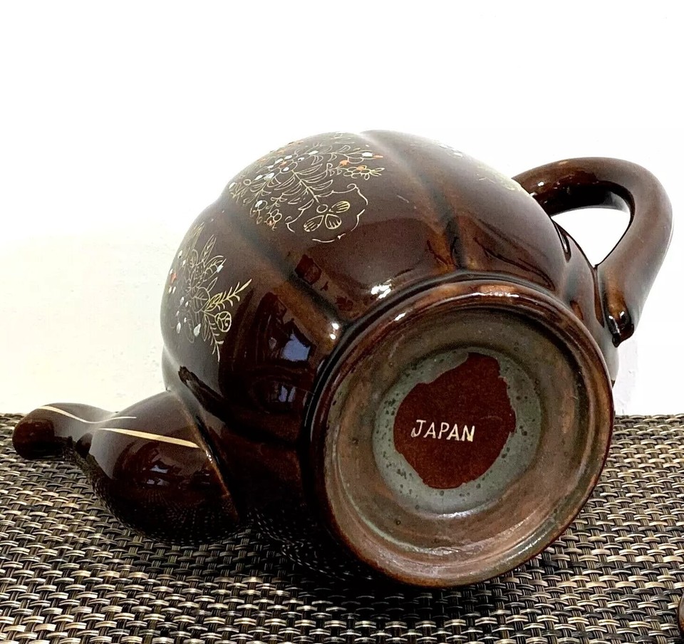 Vintage Brown Betty Teapot Hand Painted Gold Trim Japan Moriage Redware ...