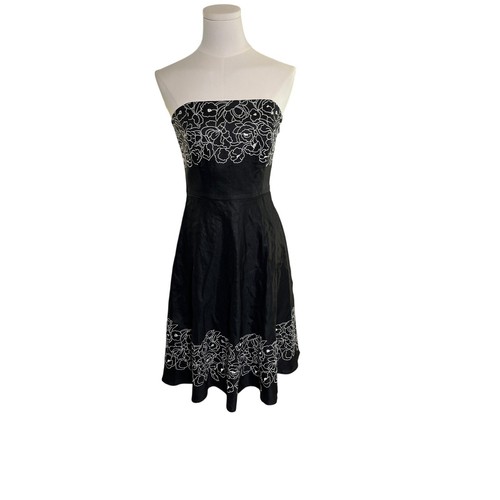 Loft Black Linen Strapless Embroidered Cocktail Party Dress Size 2 Chic ...