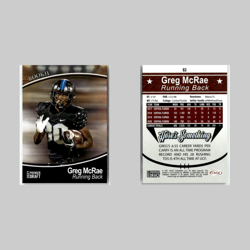 Greg Mcrae Rookie #63 2021 SAGE Premier Draft Gold UCF Knights Football ...