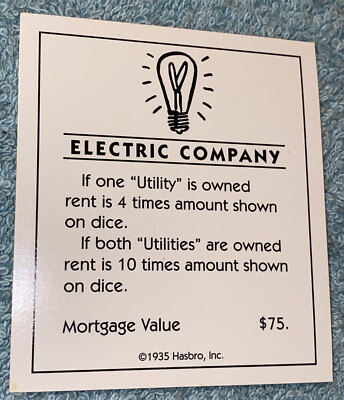 1997 Parker Brothers Monopoly Replacement Electric Company Utility Card ...