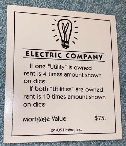 1997 Parker Brothers Monopoly Replacement Electric Company Utility Card ...