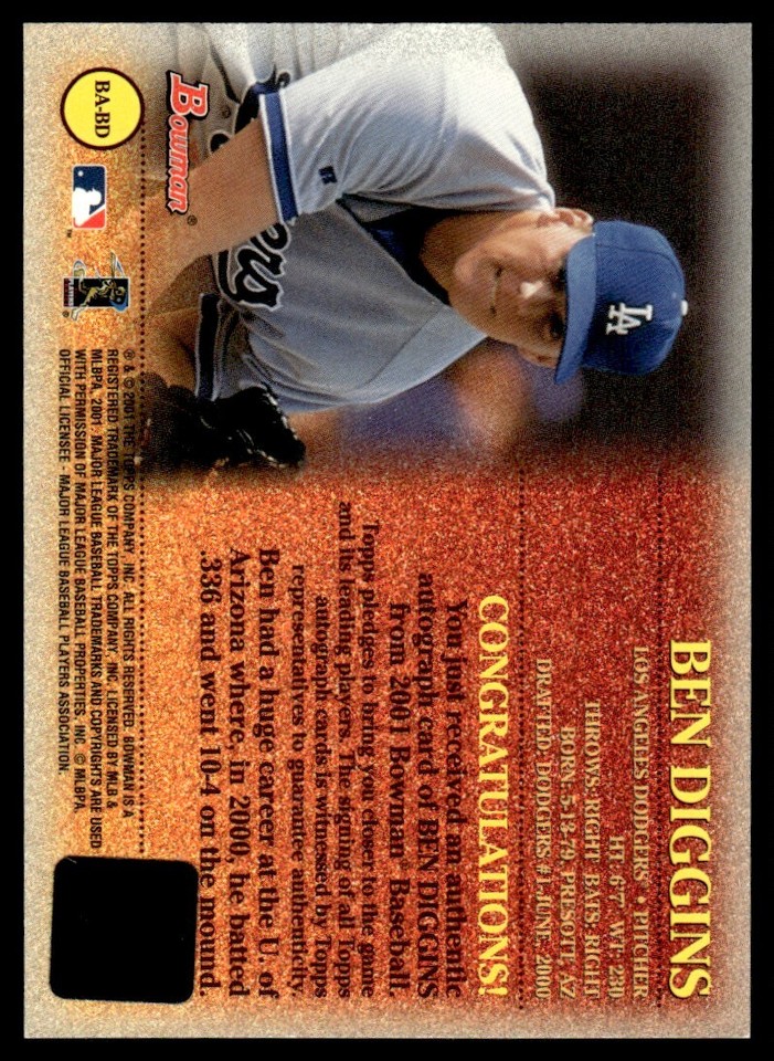 2001 Bowman Autographs Ben Diggins Auto Los Angeles Dodgers #BA-BD | eBay