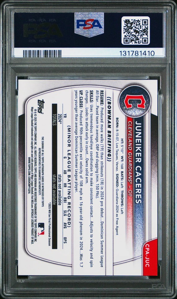 2025 Bowman Chrome Prospect Autographs Juneiker Caceres Green Lava 90/ ...