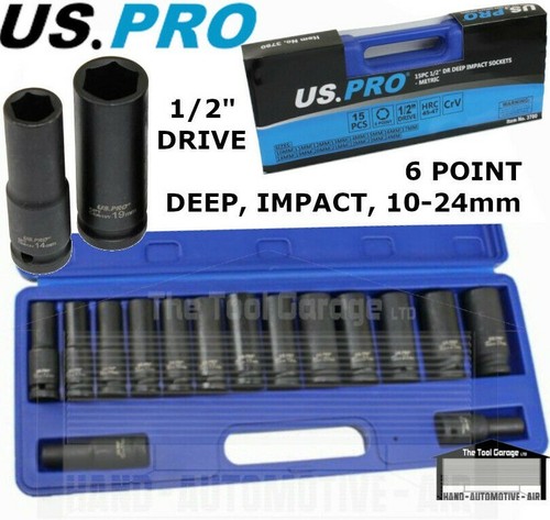 15pc 1/2" Deep Impact Socket Set Metric 10mm to 24mm US Pro Tools 3780 ...