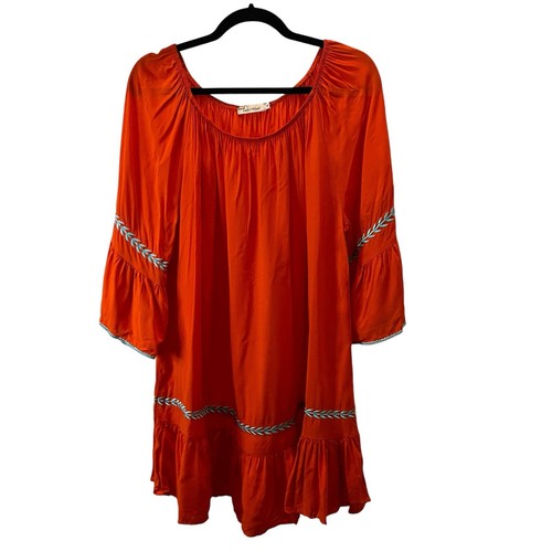 Ladys World Orange Teal Embroidered Bell Sleeves Tunic Top Boho Semi ...