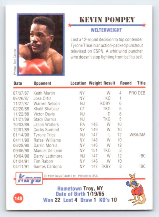 KEVIN POMPEY WELTERWEIGHT BOXER Kayo Boxing Trading Card 1991 B174 | eBay