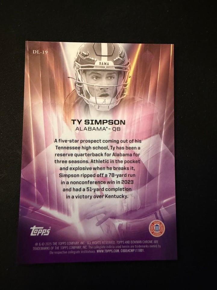 Ty Simpson 2025 Bowman University Chrome Dean's List Case Hit SP ...