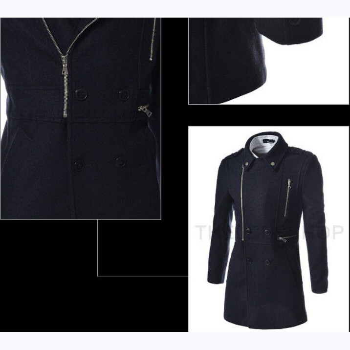 Men's Woolen Jacket Double Breasted Lapel Coat Slim Fit Multiple zipper ...