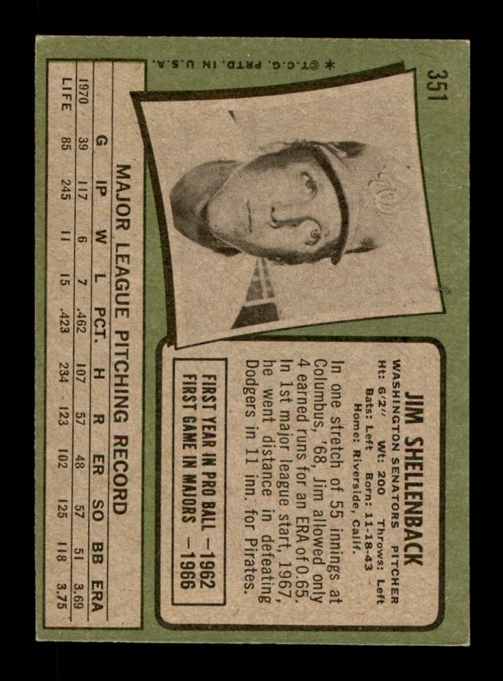 1971 Topps Baseball #351 Jim Shellenback EX *d11 | eBay