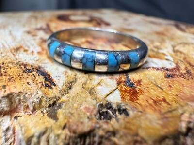 Navajo Turquoise Cornrow Inlay Sterling Silver Ring Band Size 8.5 3.4G ...
