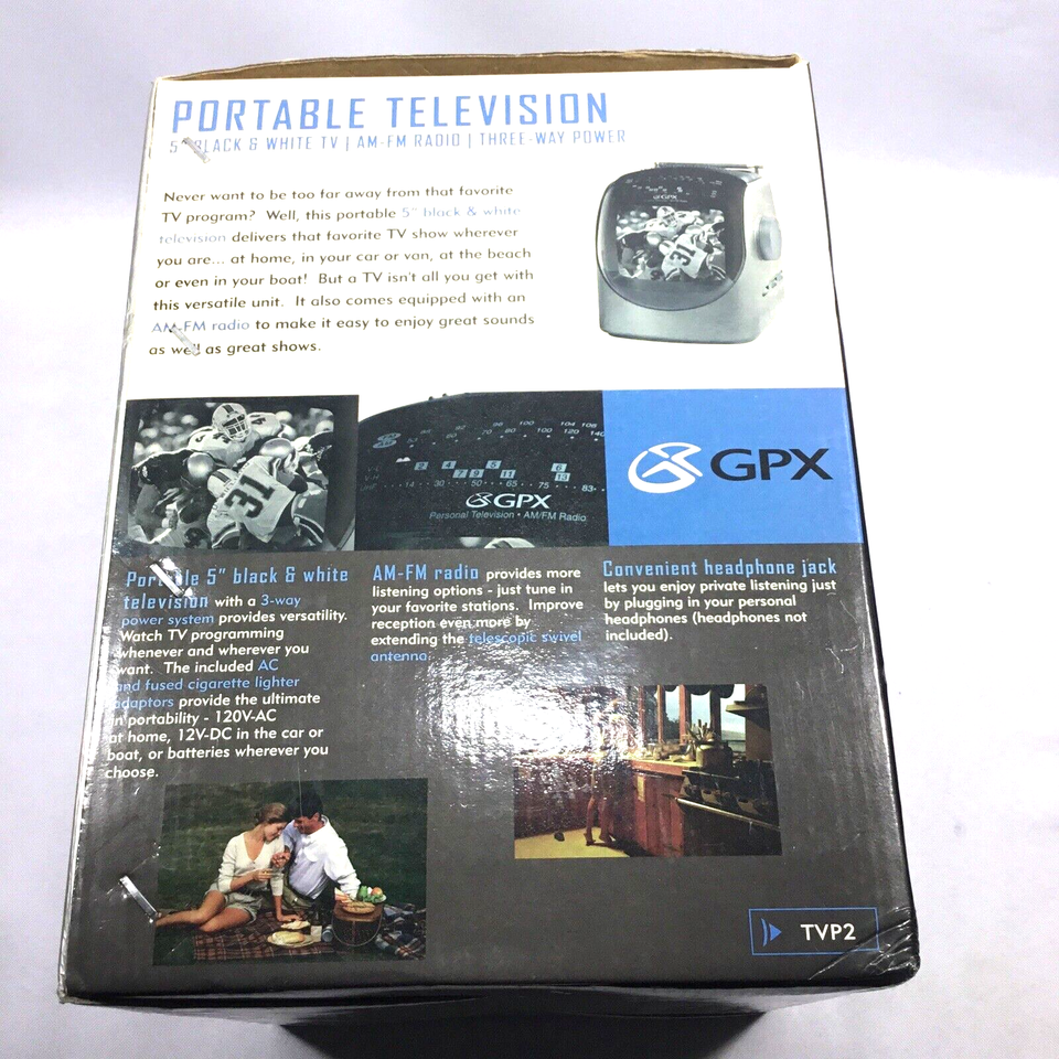 Vintage Black & White 5 1/2" GPX TVP2 Portable TV With AM FM Radio Gray ...