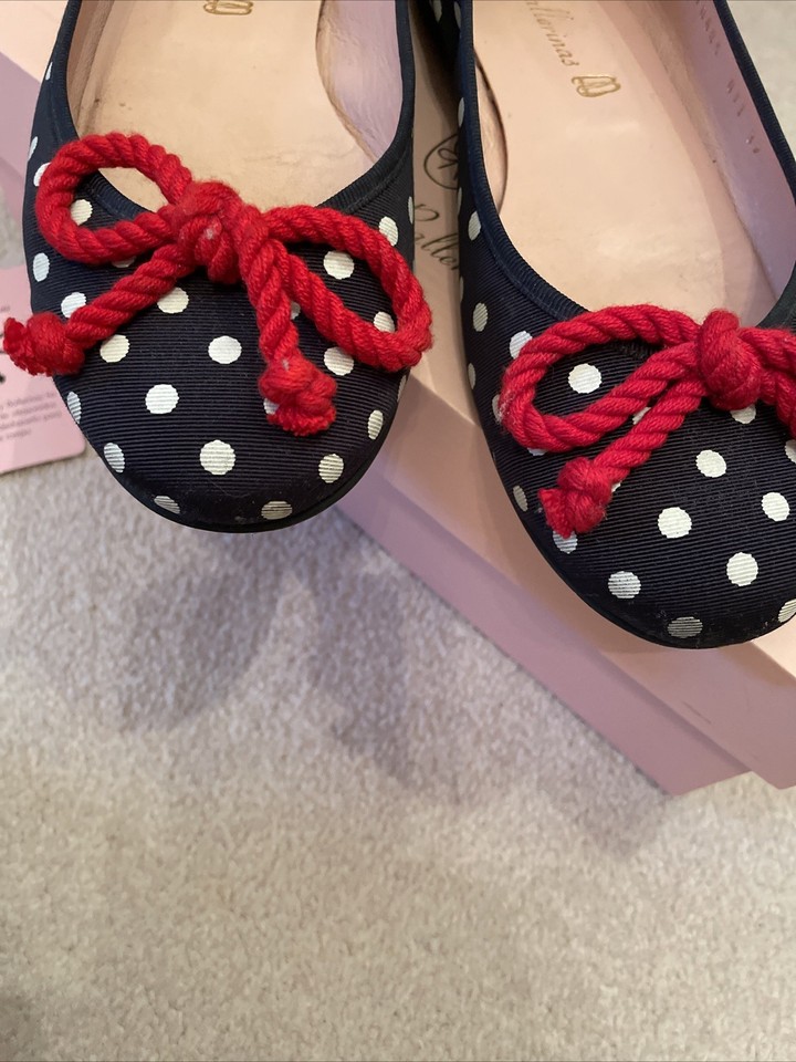 Pretty Ballerinas Navy Blue White Polka Dot Red Bow Size 37 UK 4 | eBay UK