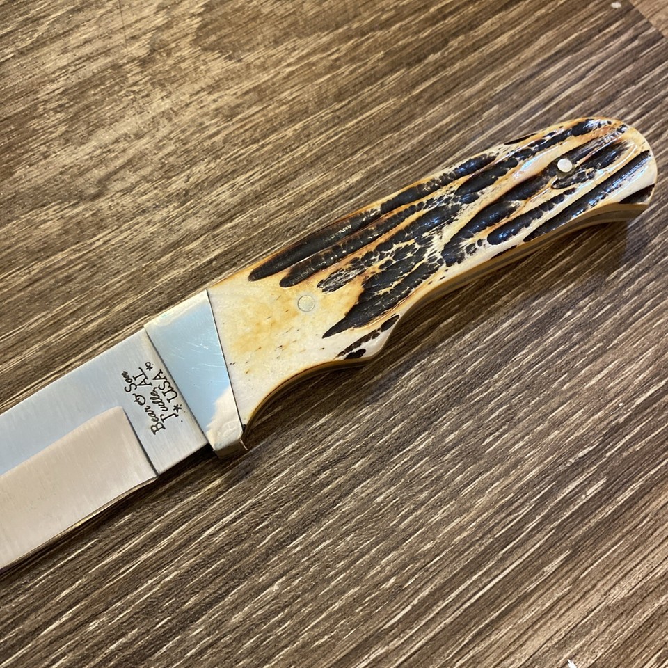 BEAR & SONS CUTLERY 7 7/8" DROP POINT HUNTER INDIA STAG BONE HANDLE ...