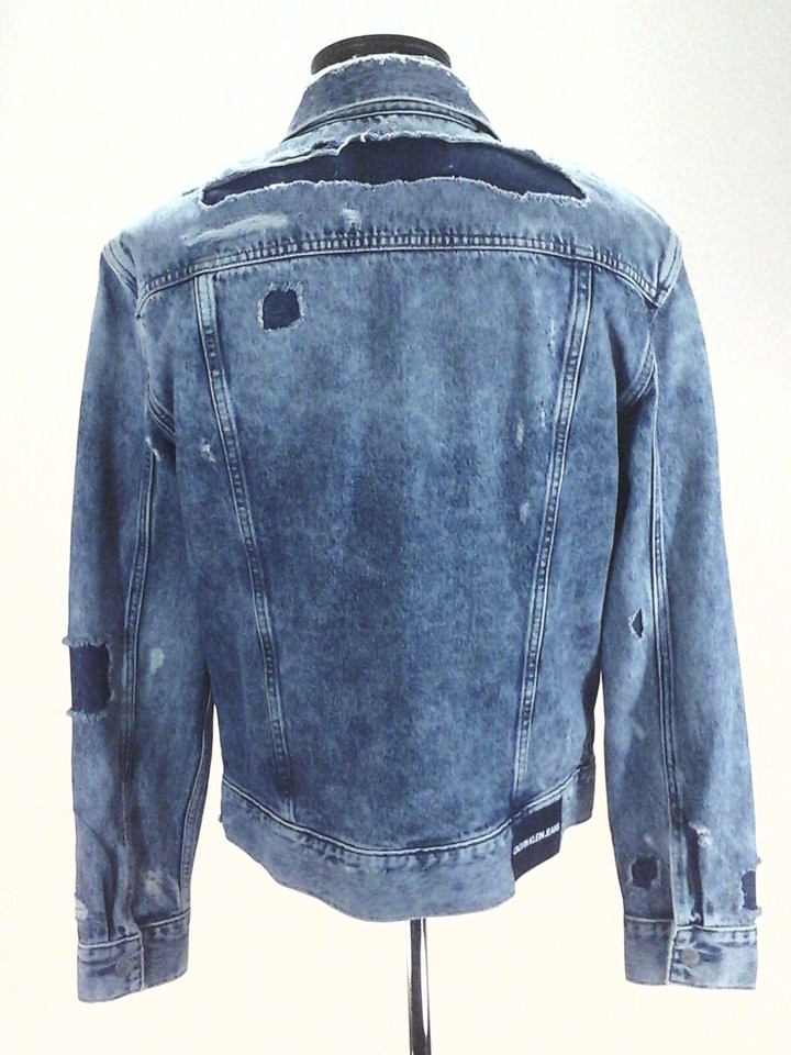 CALVIN KLEIN JEANS Denim Jacket Distressed Rip & Repair Trucker Blue ...