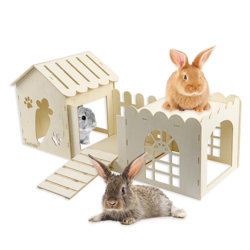 Large Rabbit Wooden Hideout House Multi-Chamber Small Animal Wooden ...