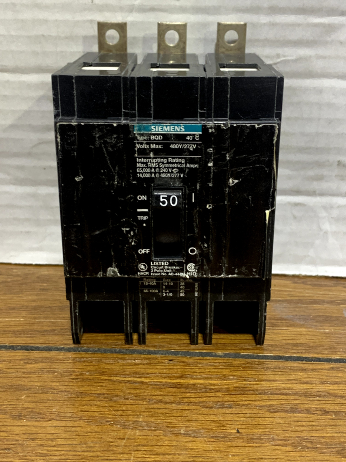 Used Siemens BQD350 Circuit Breaker 3P 50A 480V, Free Shipping