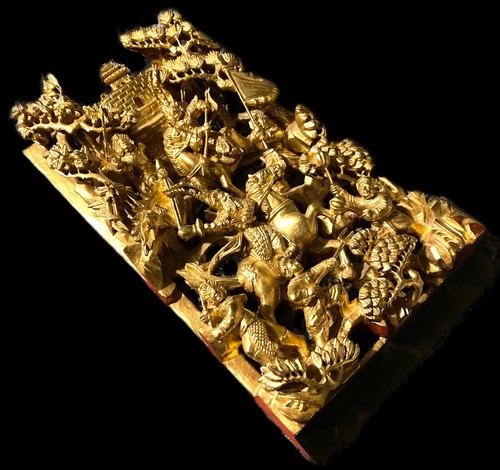 CHINESE CARVED GILT WOOD WALL PANEL LACQUER GILDED GOLD PLATE SHIELD 34 ...