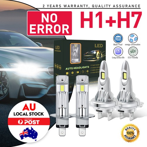 H1+H7 Car LED Headlight 80W 10000LM Globes Bulbs 6000K White Beam Lamps ...