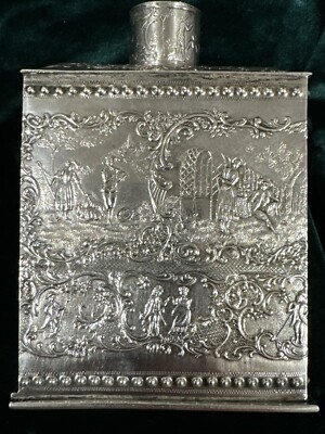 DUTCH 1800th SILVER .835 TEA CADDY “COUNTRY PASTORAL “ 304 grams /9.77 ...