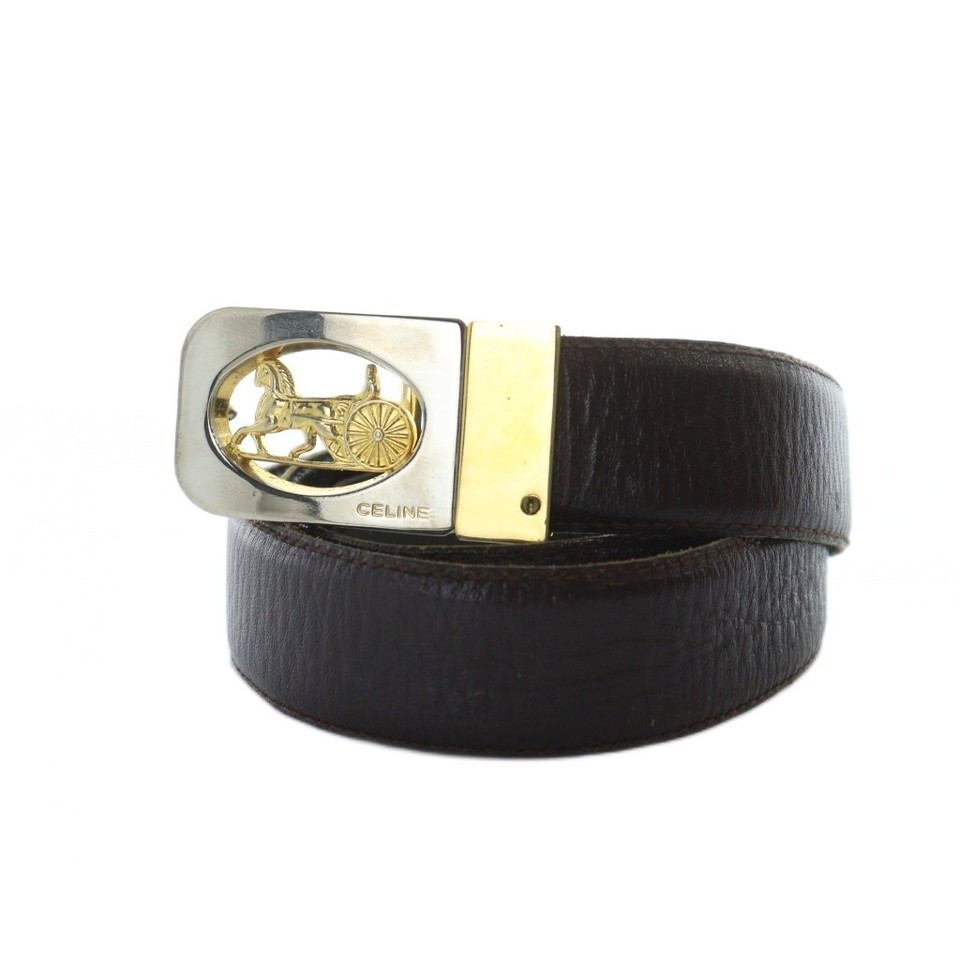 CELINE Leather Belt Carriage Buckle Gold Logo Brown Mens GY04 MQ | eBay