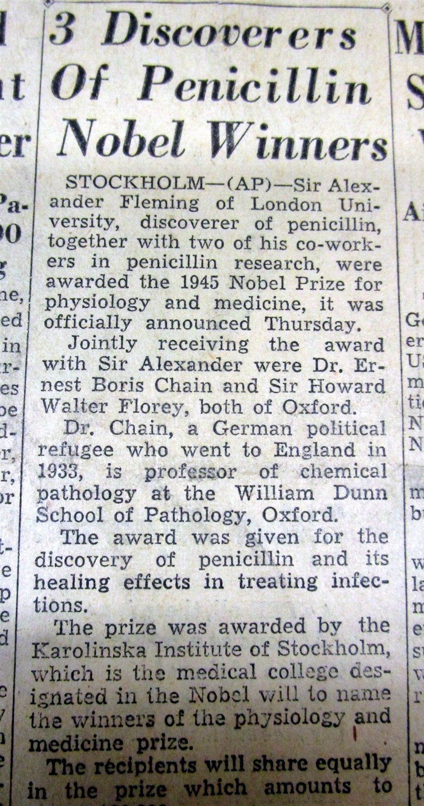 1945 newspaper ALEXANDER FLEMING winsTHE NOBEL PRIZE for DISCOVERY of ...
