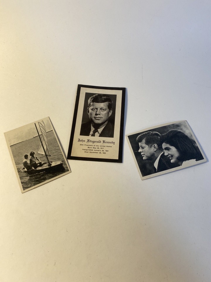 3 JOHN F KENNEDY trading cards 1964 Topps JFK #56 #72 & Funeral Prayer ...