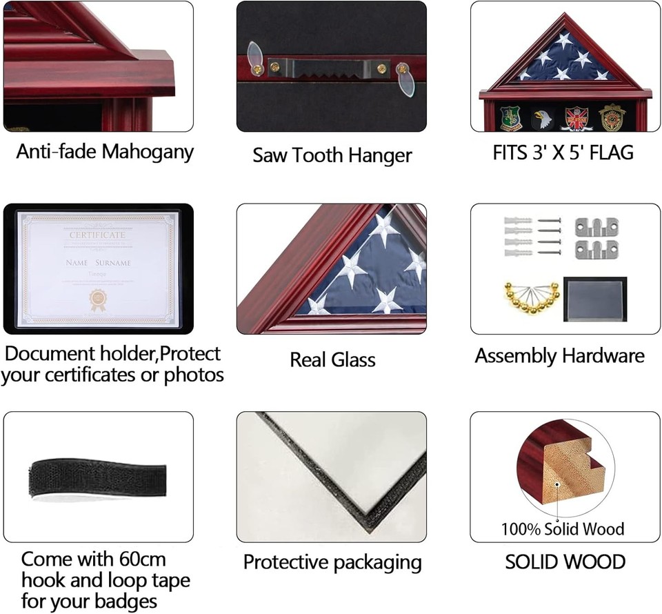 Solid Wood Flag Display Case Military Shadow Box Fit a Folded 3x5 Flag ...