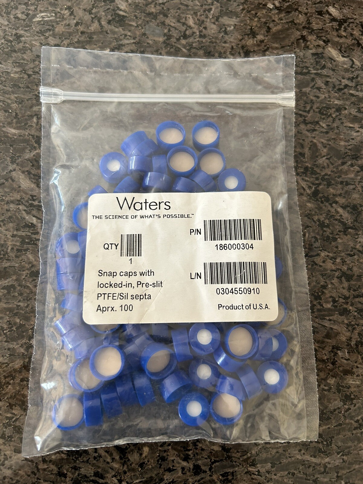 Waters Blue, 12 x 32 mm Snap Neck Cap and Pre-slit PTFE/Silicone Septum ...