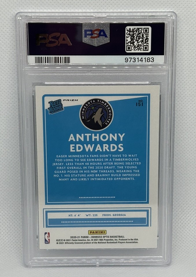 2020 Donruss Optic Anthony Edwards Blue Velocity Rated Rookie #151 PSA ...