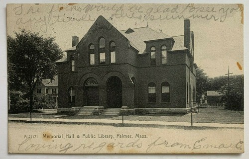 1916 MA Postcard Palmer Massachusetts Memorial Hall & Public Library ...