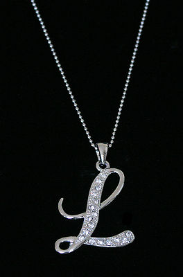 "L" LETTER INITIAL ALPHABET PENDANT CHARM NECKLACE CLEAR CRYSTALS LARGE ...