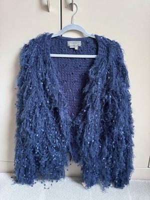 Anthropologie Navy Textured Fringe Knit Cardigan – Fluffy Detail One ...