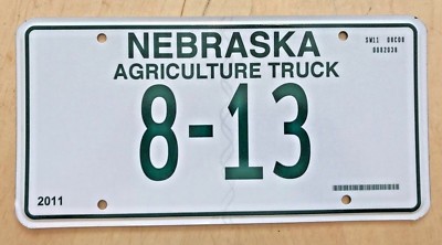 NEBRASKA AGRICULTURE TRUCK LICENSE PLATE " 8 13 " NE LOW NUMBER FARM ...