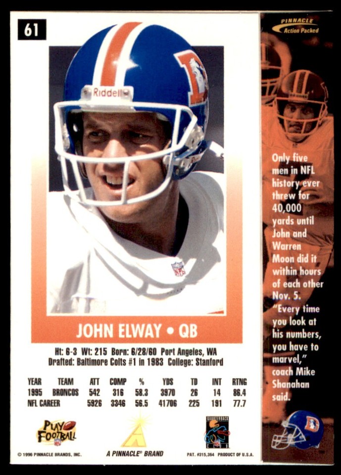 1996 Pinnacle Action Packed John Elway Denver Broncos #61 | eBay