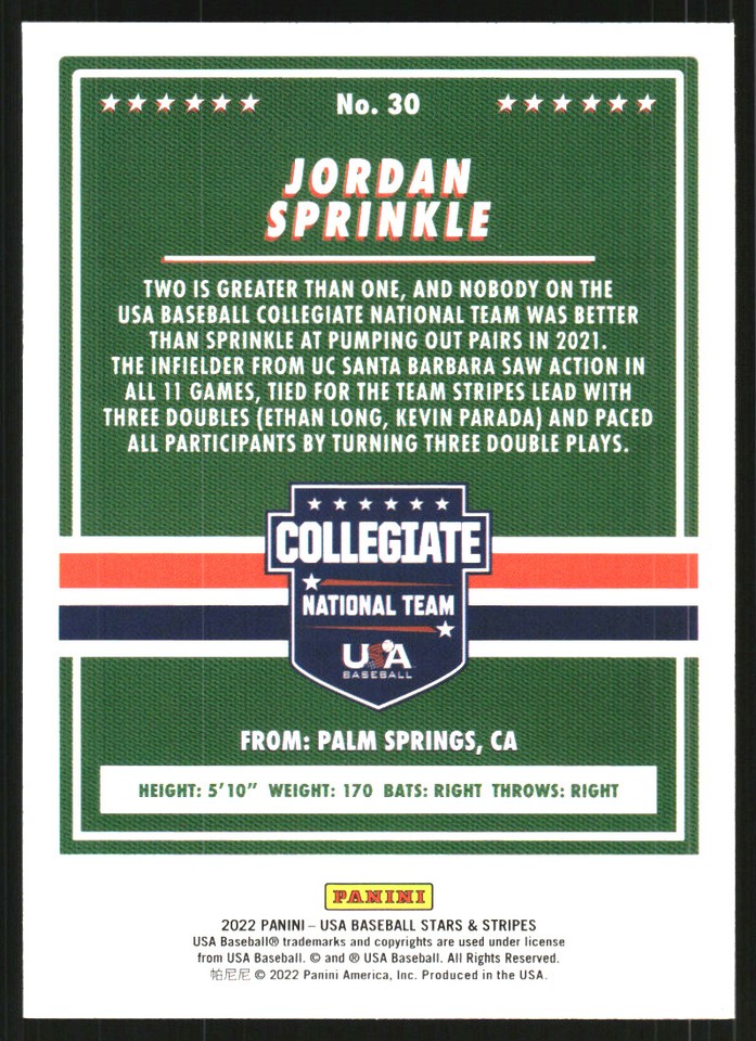 2022 USA Baseball Stars and Stripes Longevity #30 Jordan Sprinkle | eBay